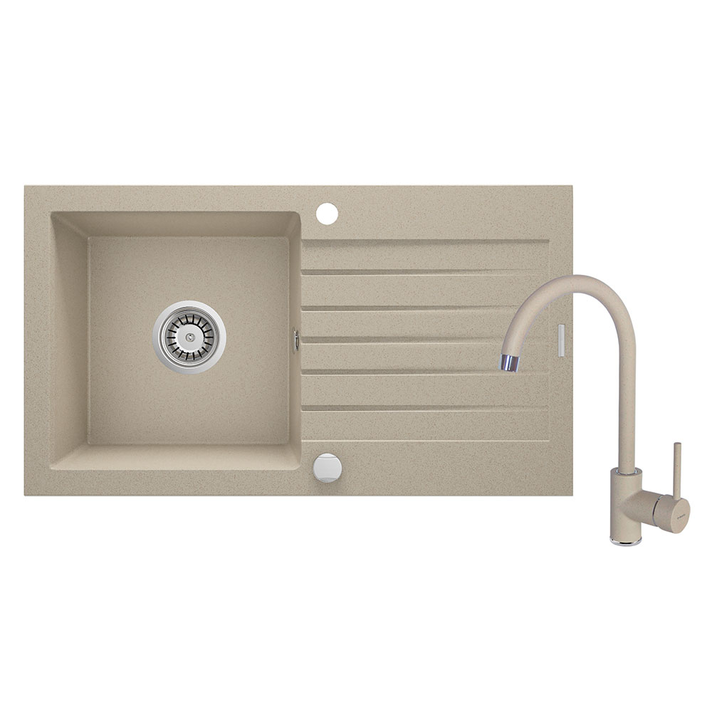 Granit Køkkenvask med Afløbsbakke Zorba Sand Beige Mat 76x44 cm med ...