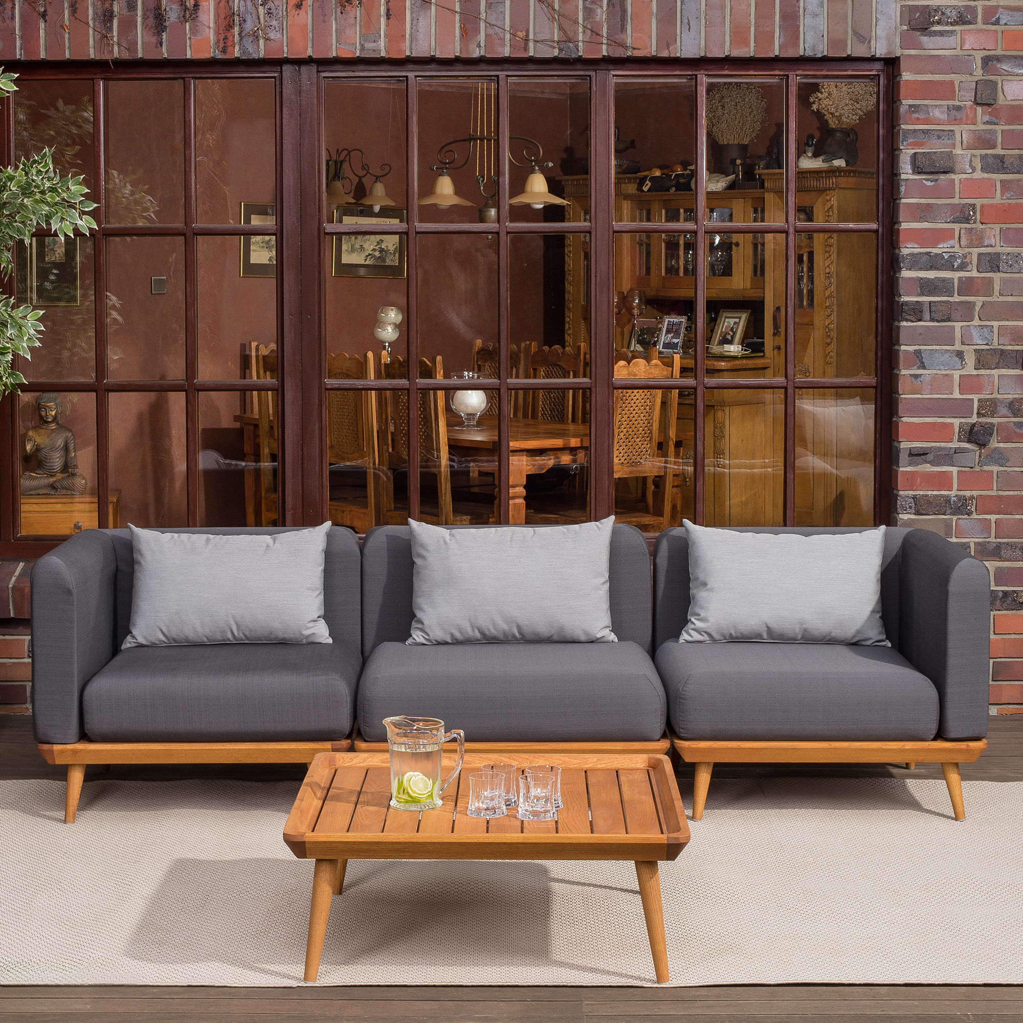 Loungeset Ravensby med 3 Sidde­moduler, 3 Puder & Bord Grå, Træ